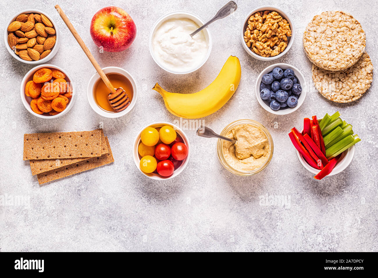 Healthy snack concept, top view Stock Photo - Alamy