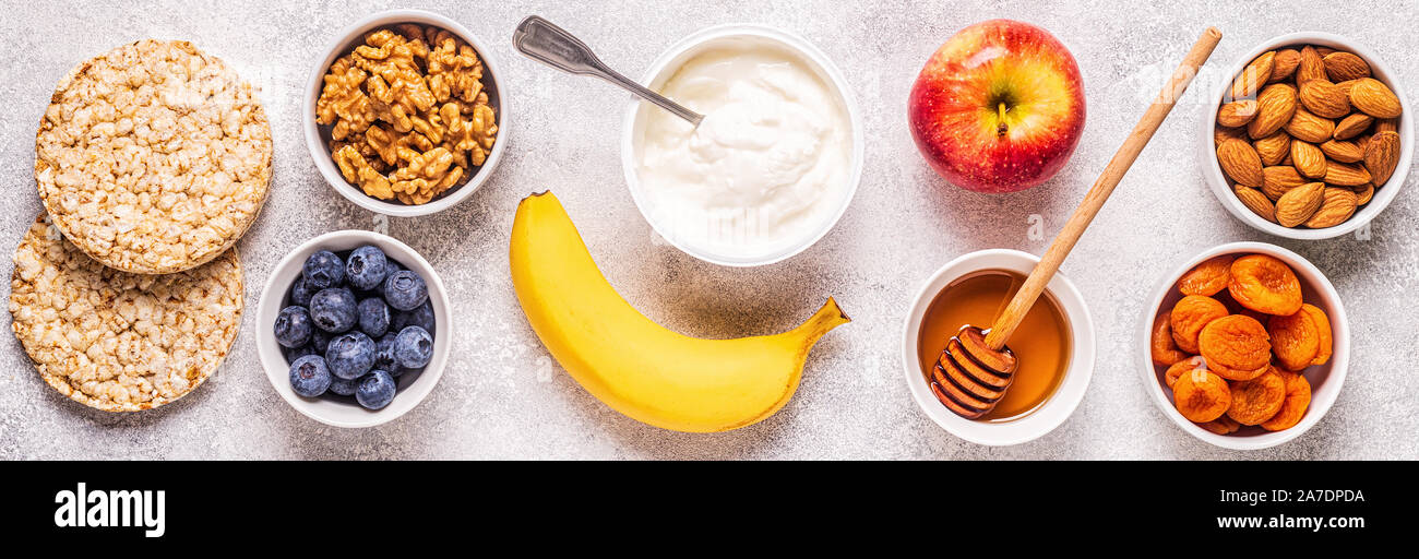 Healthy snack concept, top view Stock Photo - Alamy