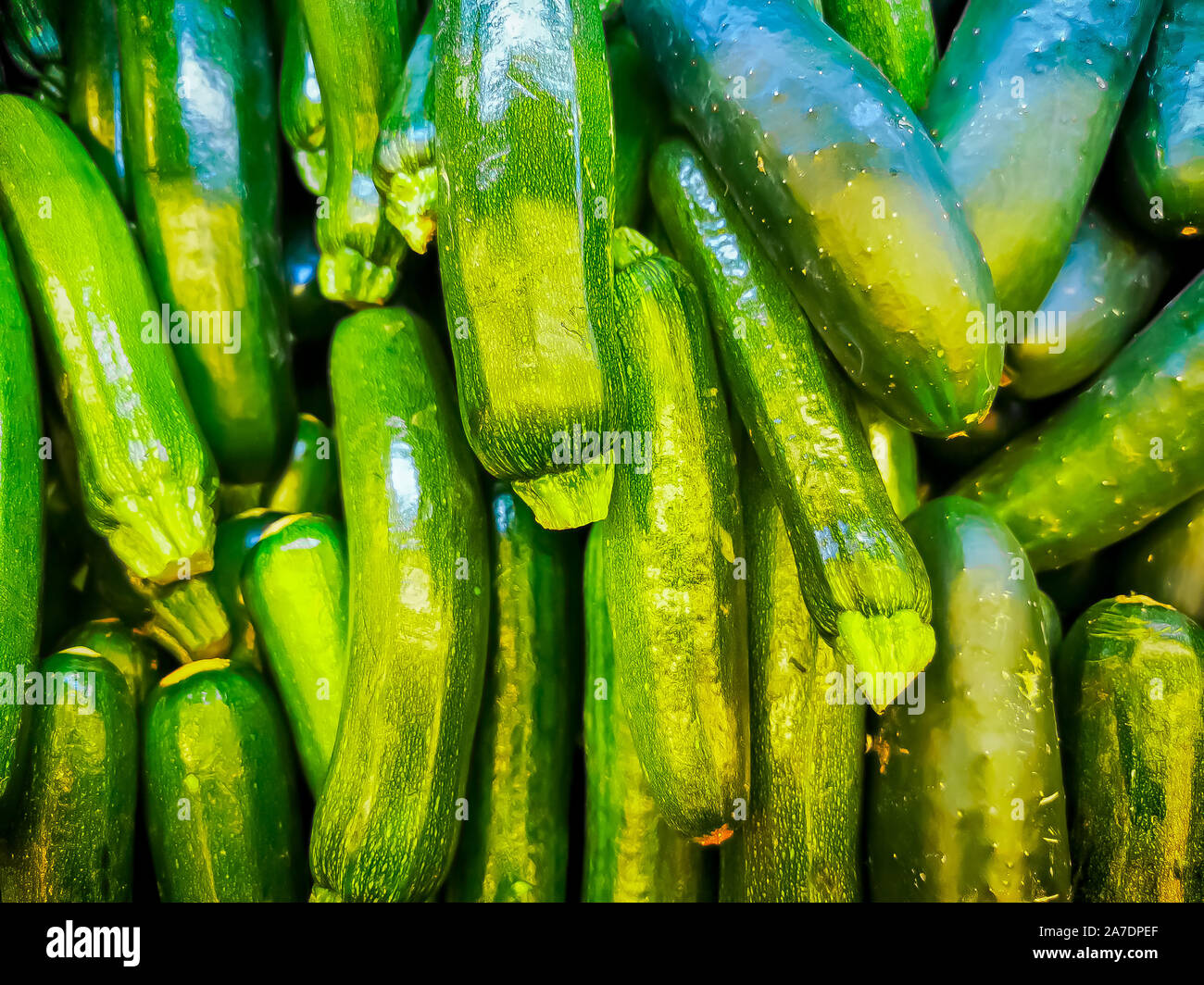 Pile Of Fresh Cucumbers top view, green background Stock Photo - Alamy