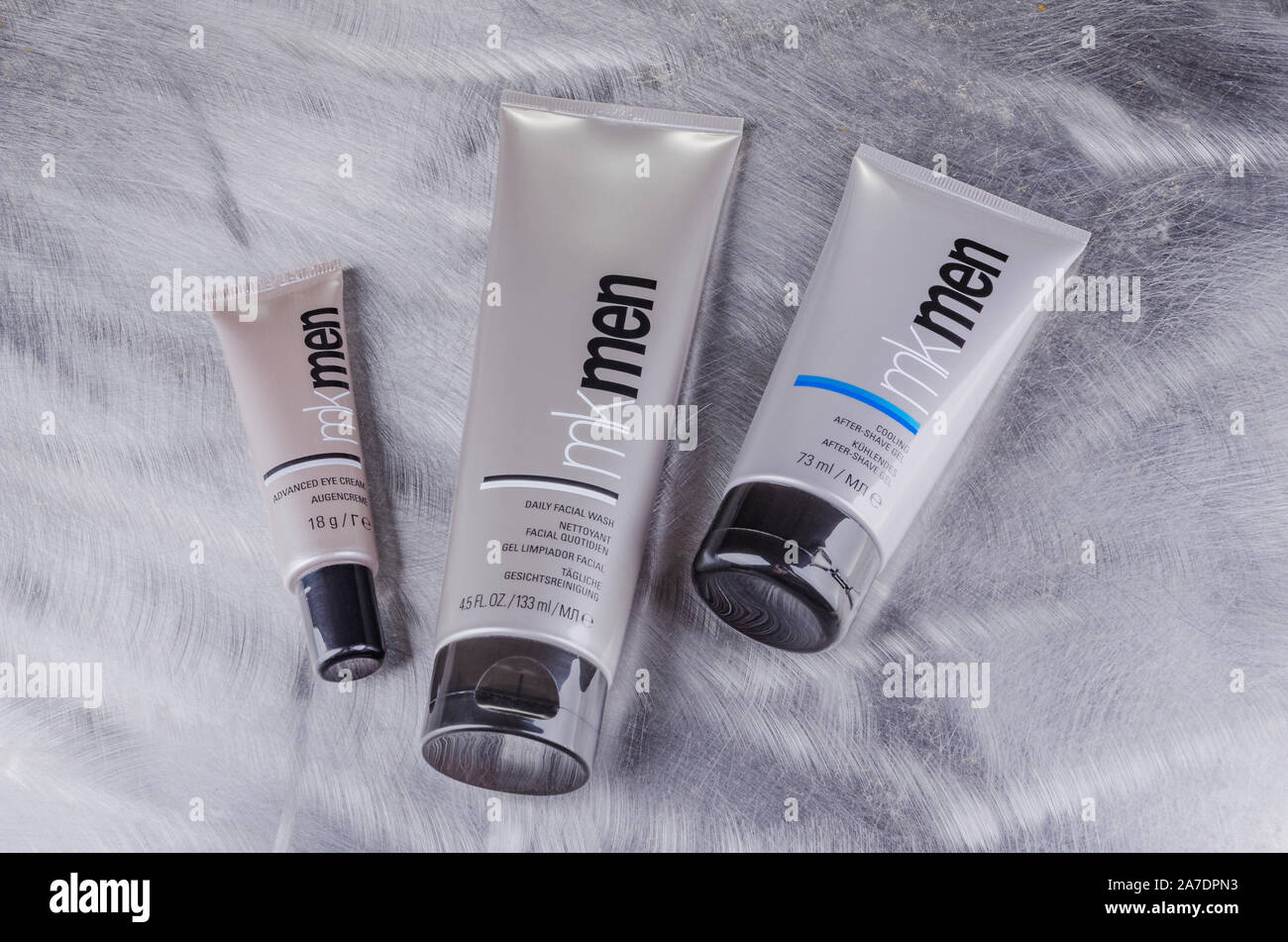 Mary Kay for men cosmetics isolated on metal background. Mary Kay is ...