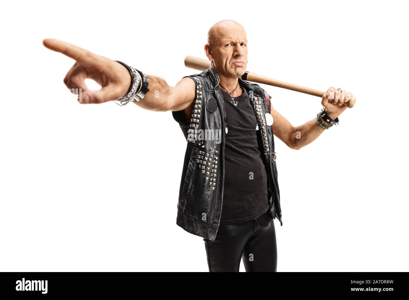 Angry punk with a baseball bat gesturing with finger isolated on white ...
