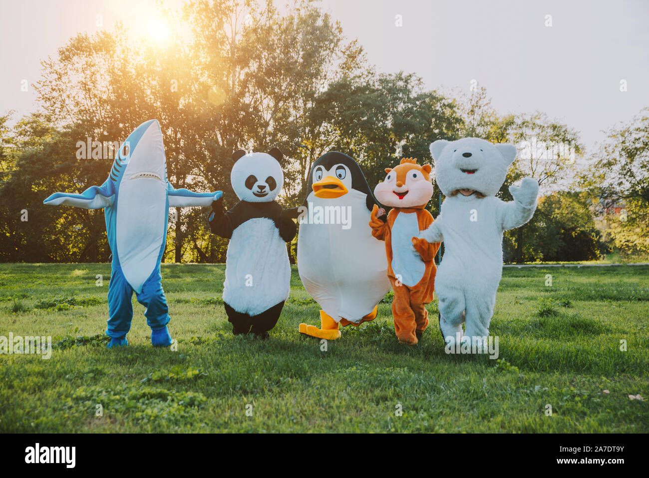 Group of mascots doing party. Concept about carnival, animals rights ...
