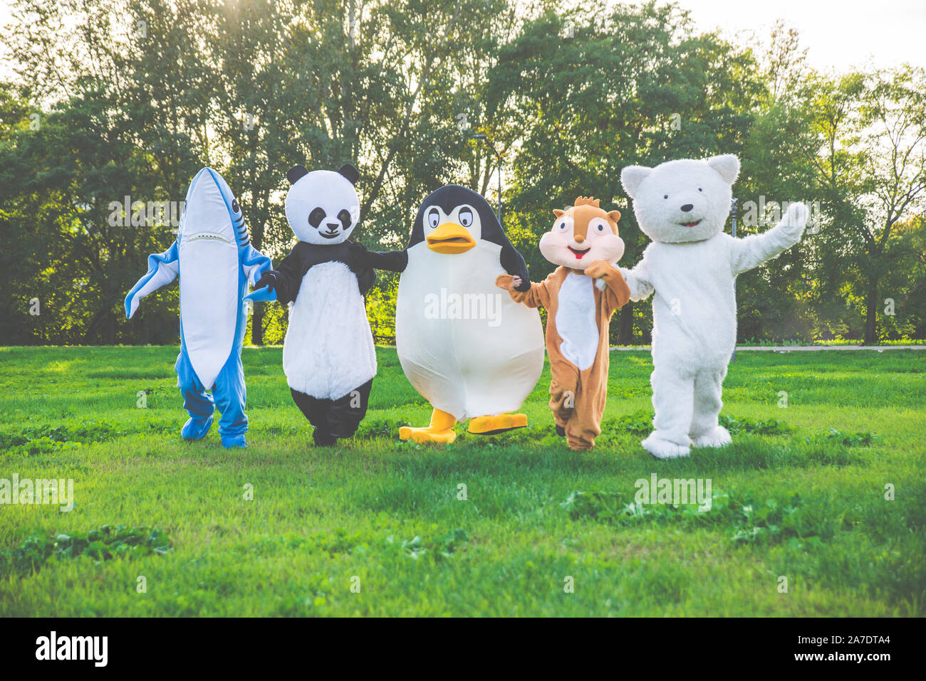 Group of mascots doing party. Concept about carnival, animals rights ...