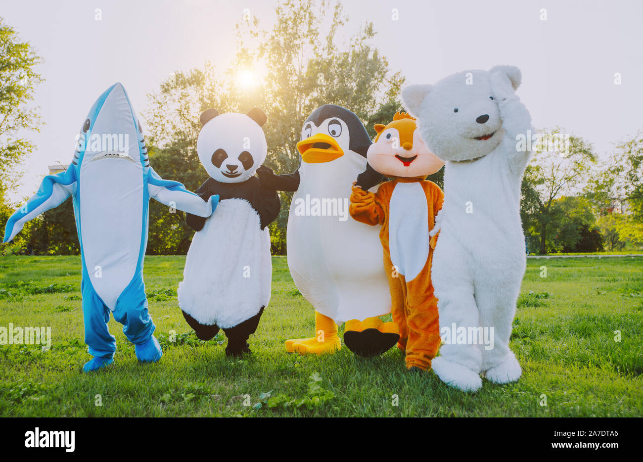 Group of mascots doing party. Concept about carnival, animals rights ...