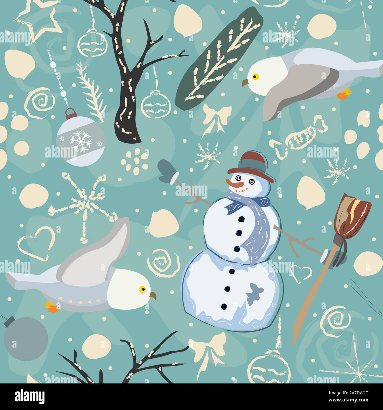 Seamless Winter Pattern with Snowman and Owls. Vector Illustration ...