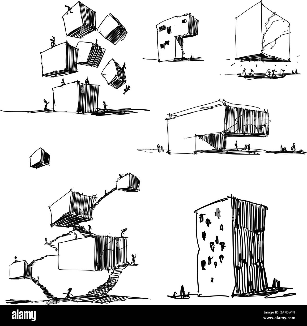 six hand drawn architectectural sketches of a modern abstract ...
