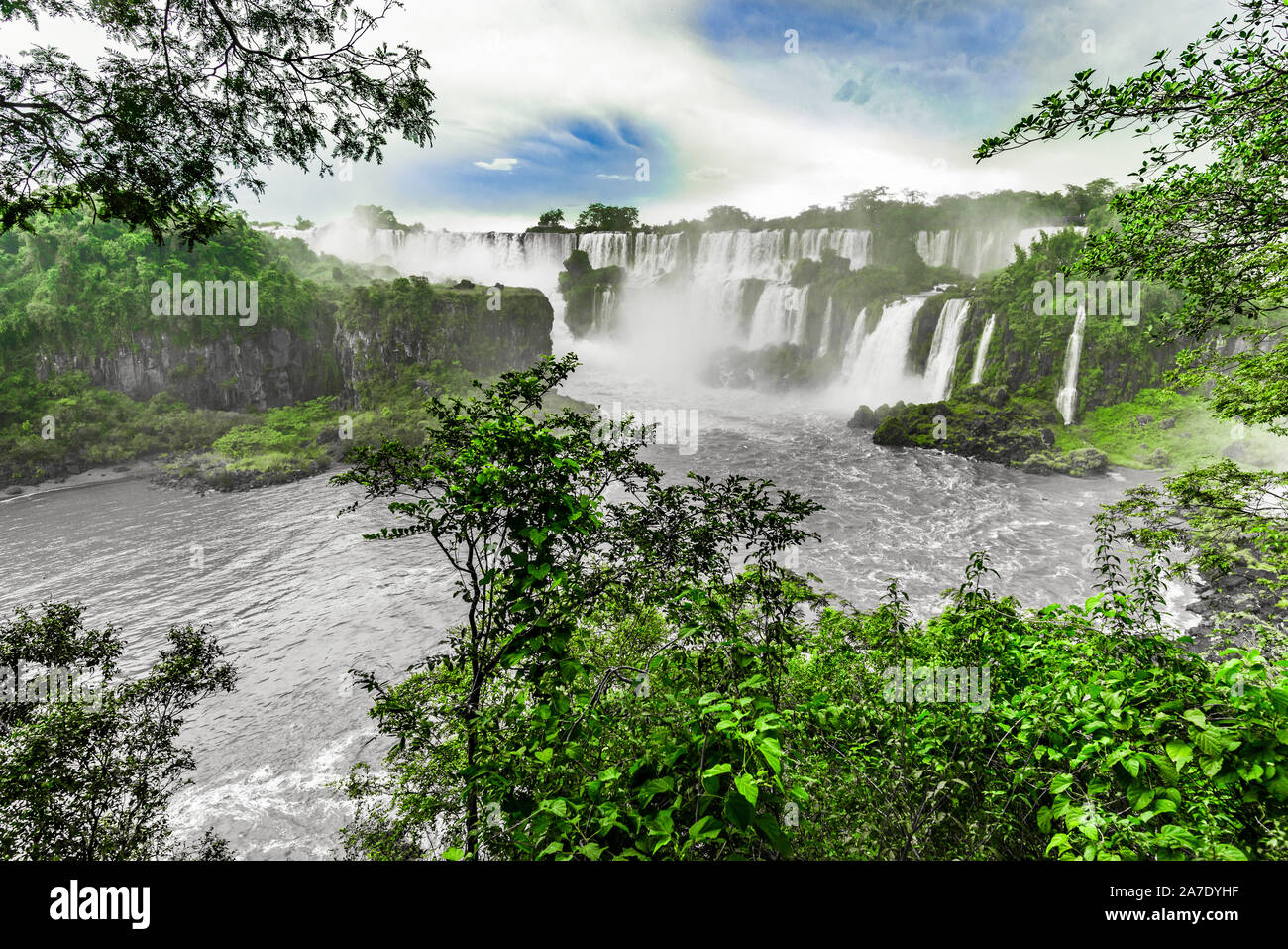 Wide angle landscape of Iguazu falls waterfalls. Photo from Argentinian ...