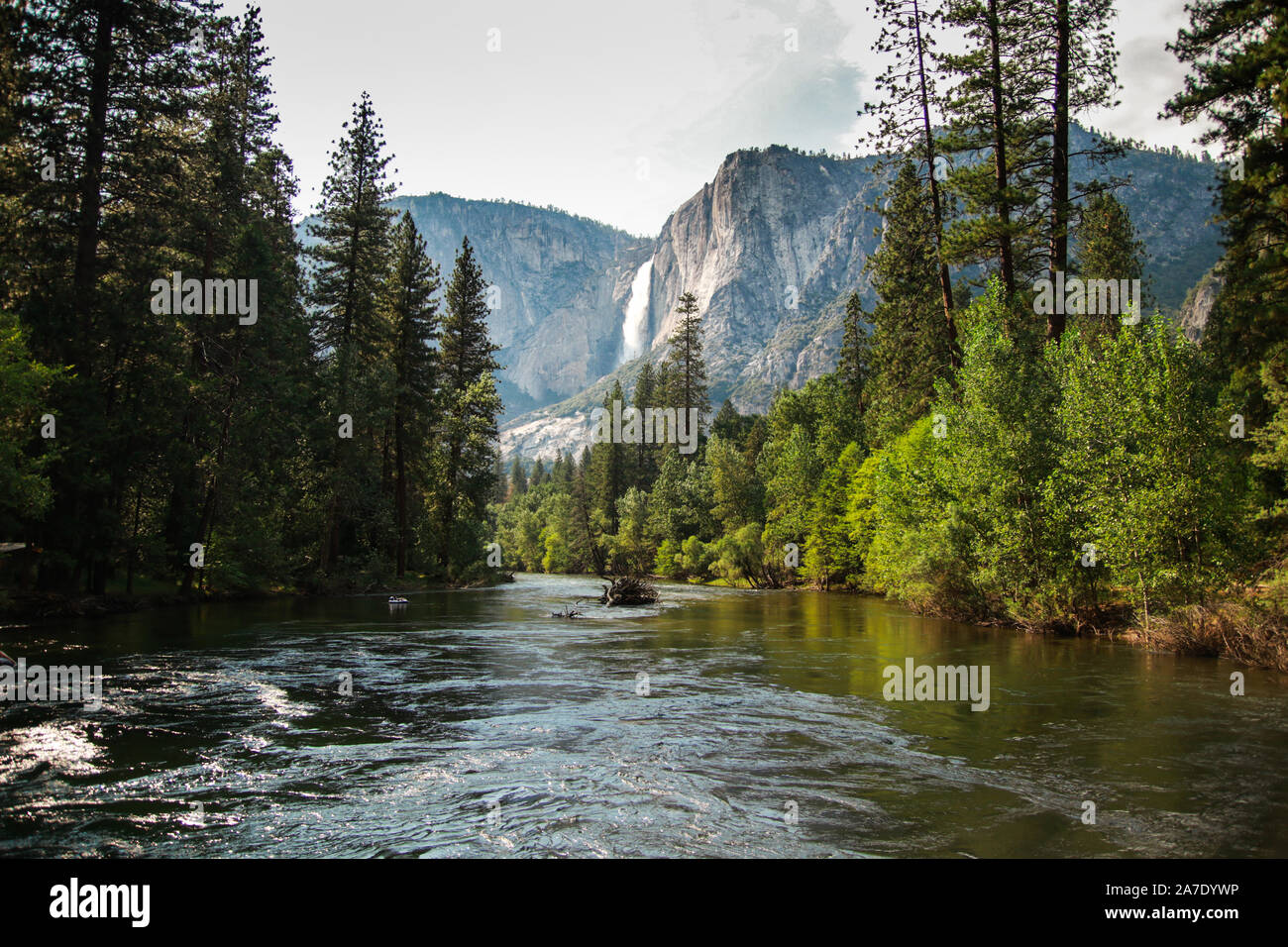 View of Yosemite Falls from the bridge above Merced River in Yosemite ...