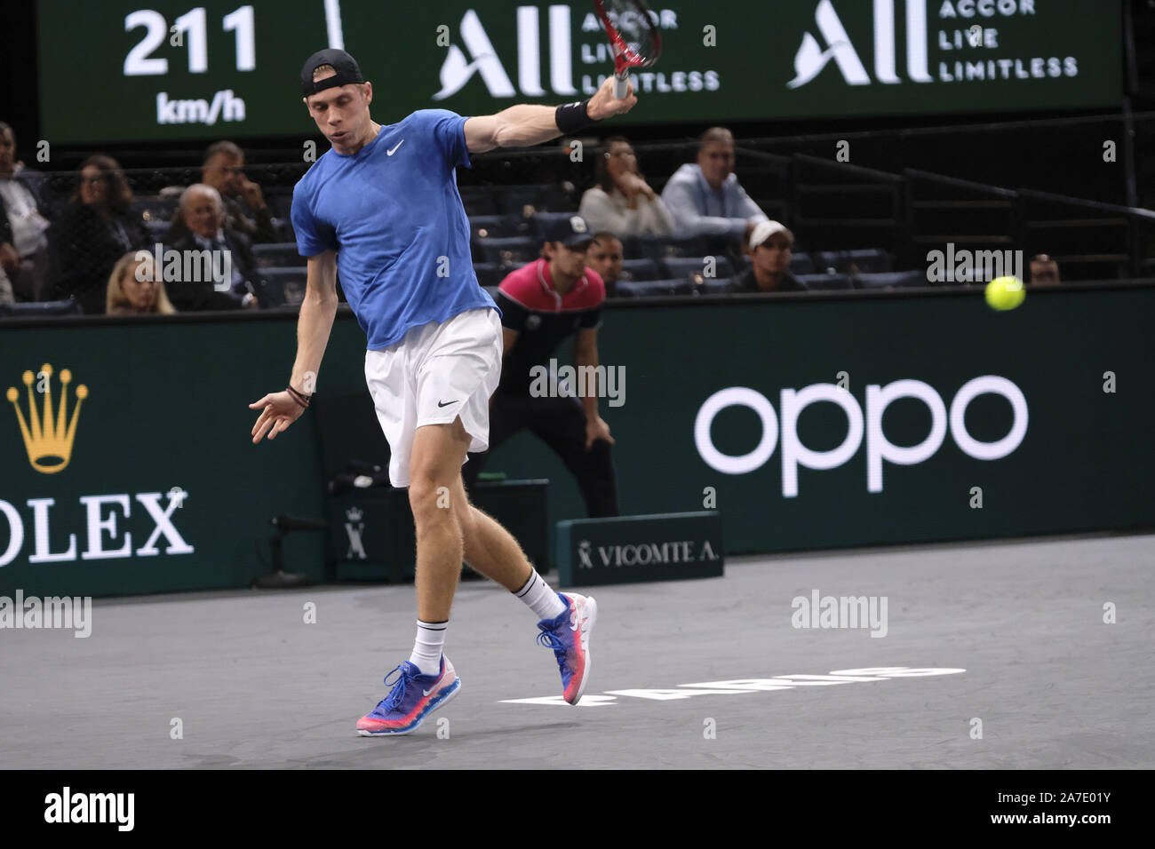 Paris, France. 1st Nov, 2019. Canadian player DENIS SHAPOVALOV returns the ball to French player ...