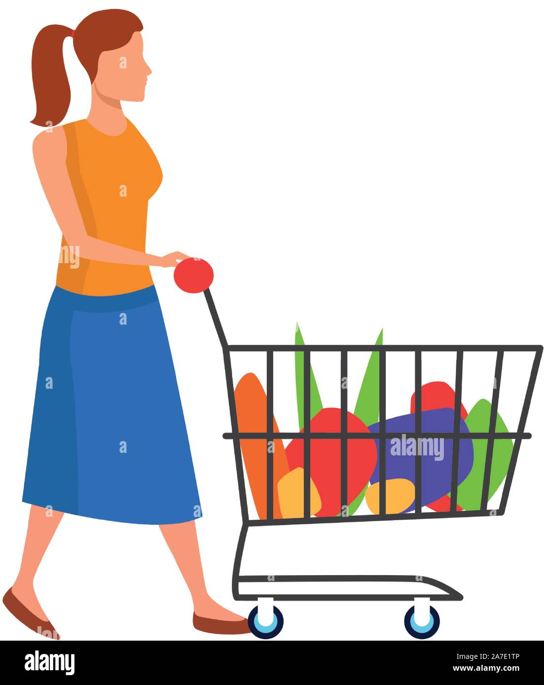 avatar woman with supermarket cart with groceries, flat design Stock ...