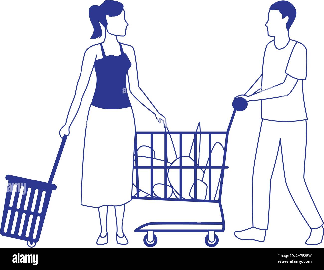 avatar woman and man with supermarket cart and basket Stock Vector ...