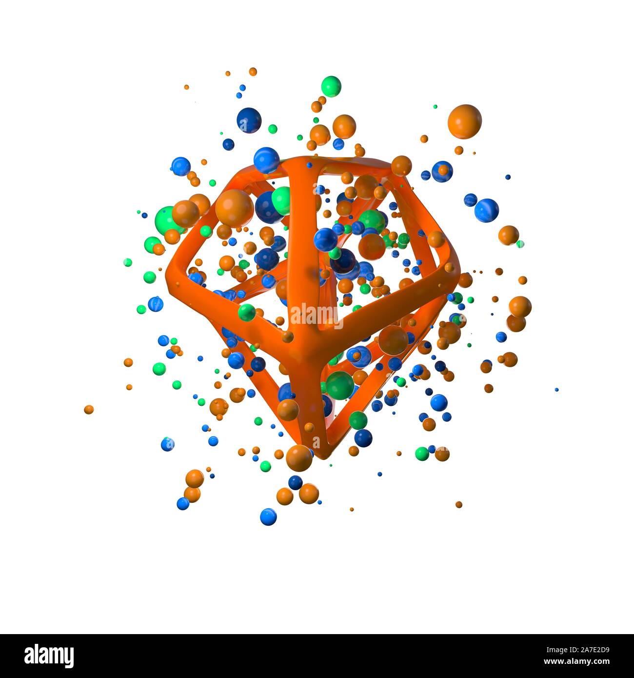 3d illustration of flying realistic primitives. Spherical shapes in ...