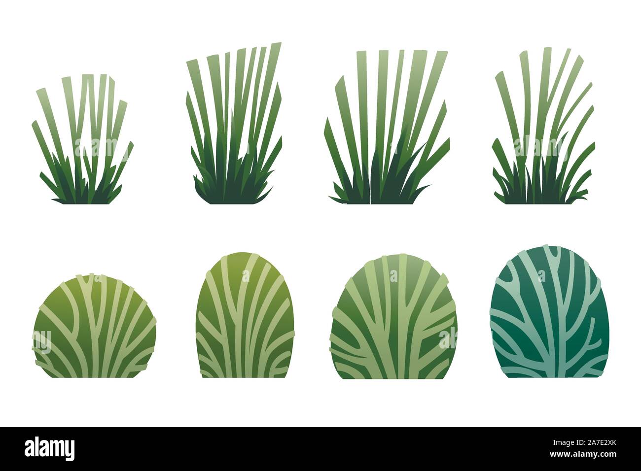 Set of green grass and bushes modern foliage design for garden or ...