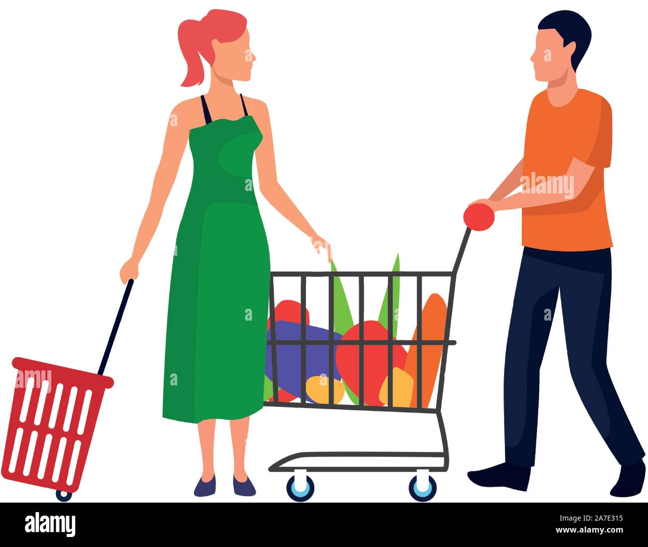 avatar woman and man with supermarket cart and basket Stock Vector ...