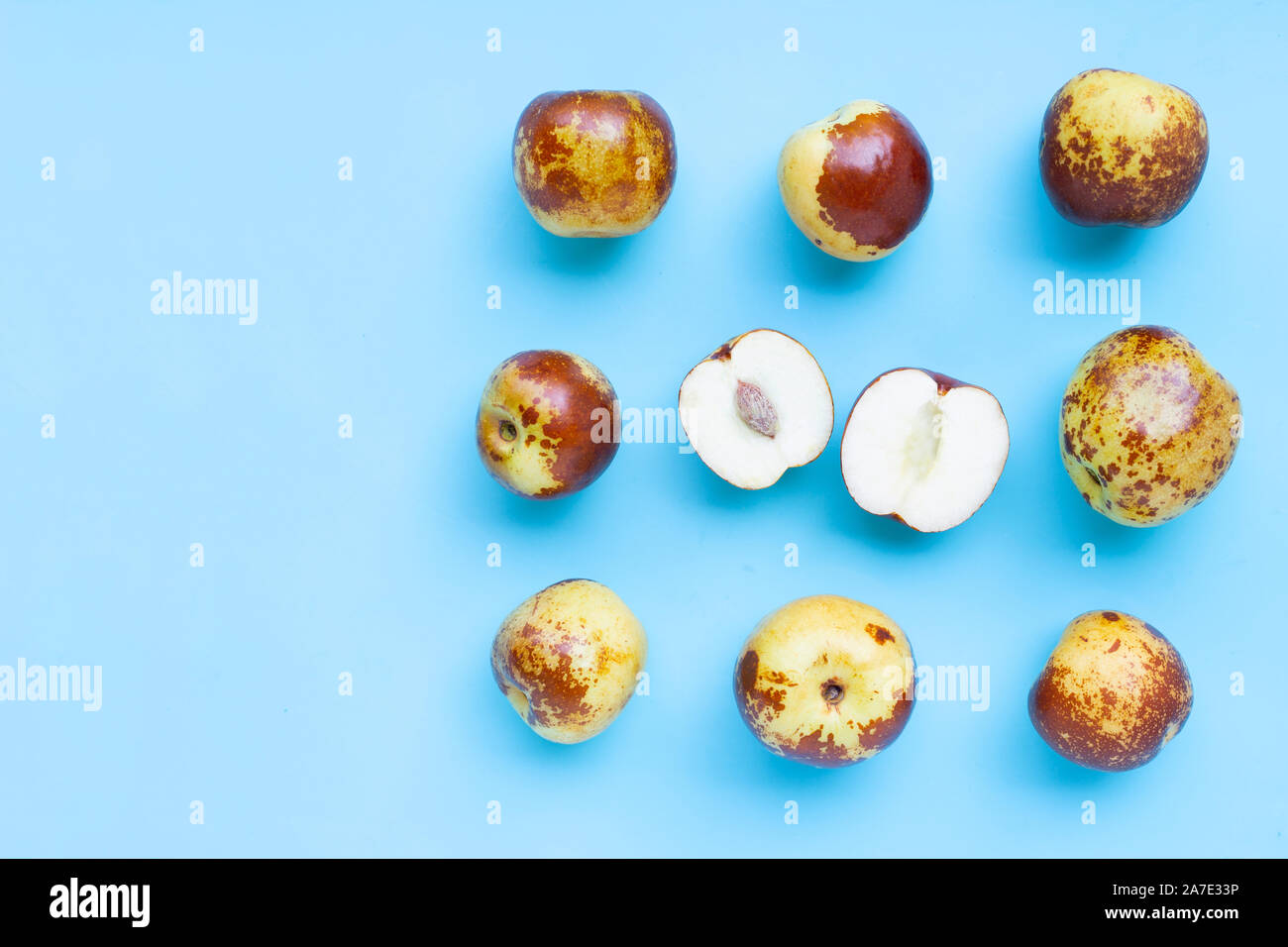 Chinese jujubes on blue background. Top view with copy space Stock ...
