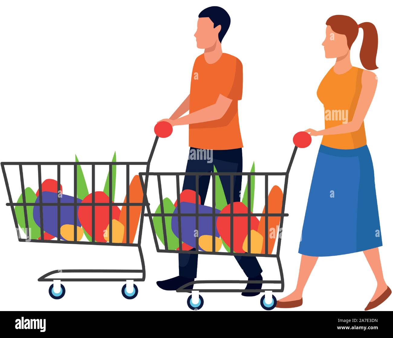 avatar man and woman with supermarket carts, flat design Stock Vector ...