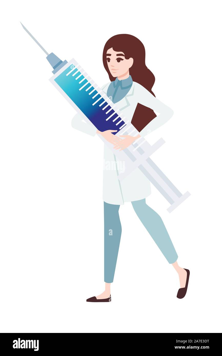 Medical doctor woman holding giant syringe cartoon character design ...