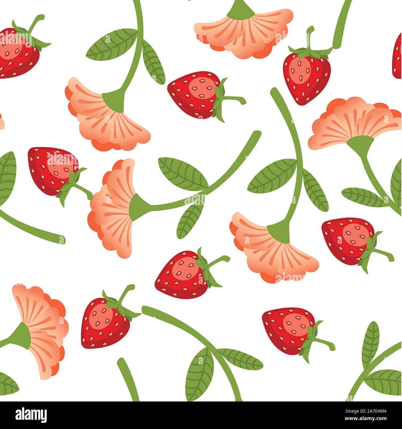 Seamless pattern of wild strawberries and red flower flat vector ...