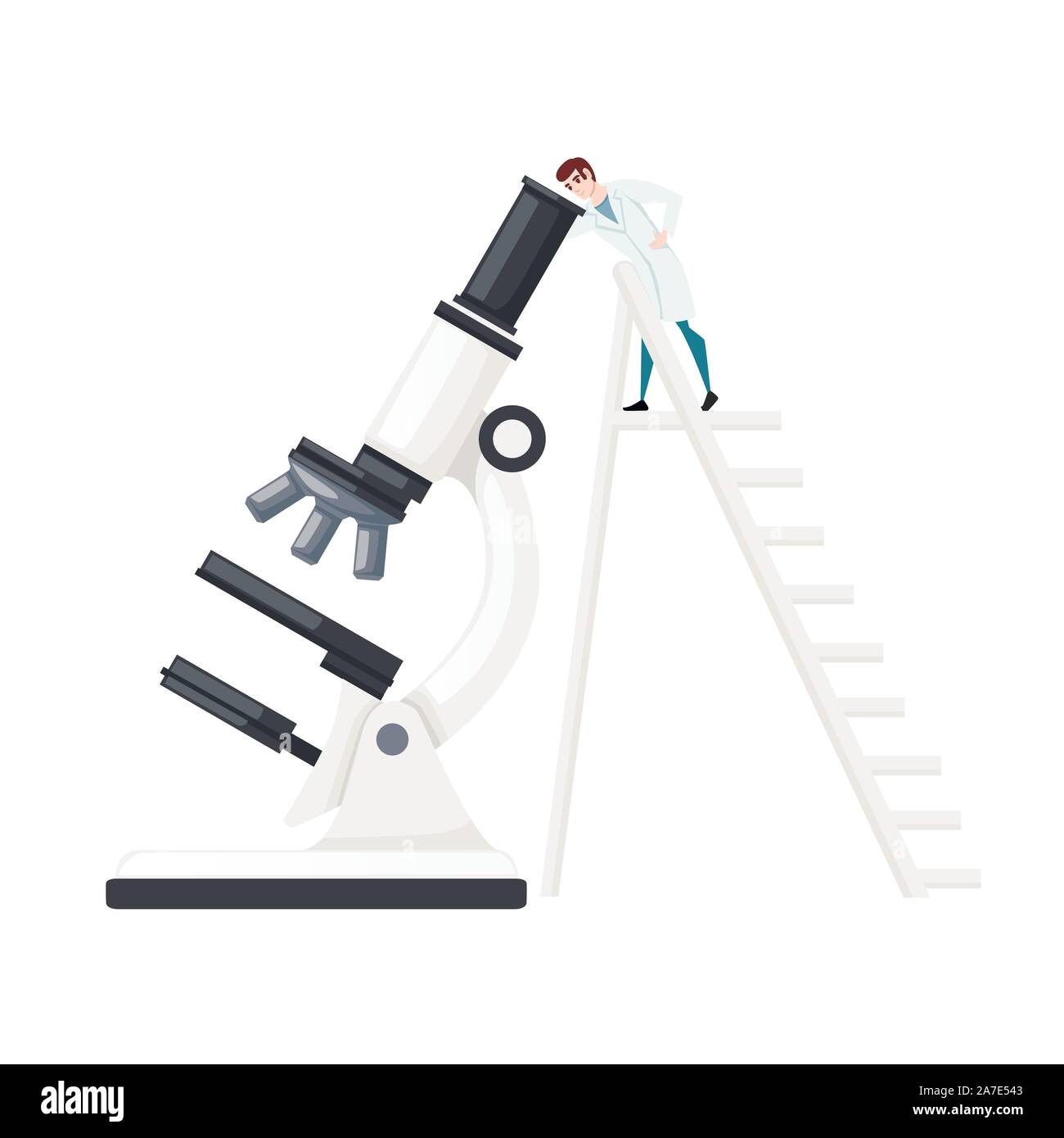 Big white microscope with scientist climbs the ladder cartoon character ...