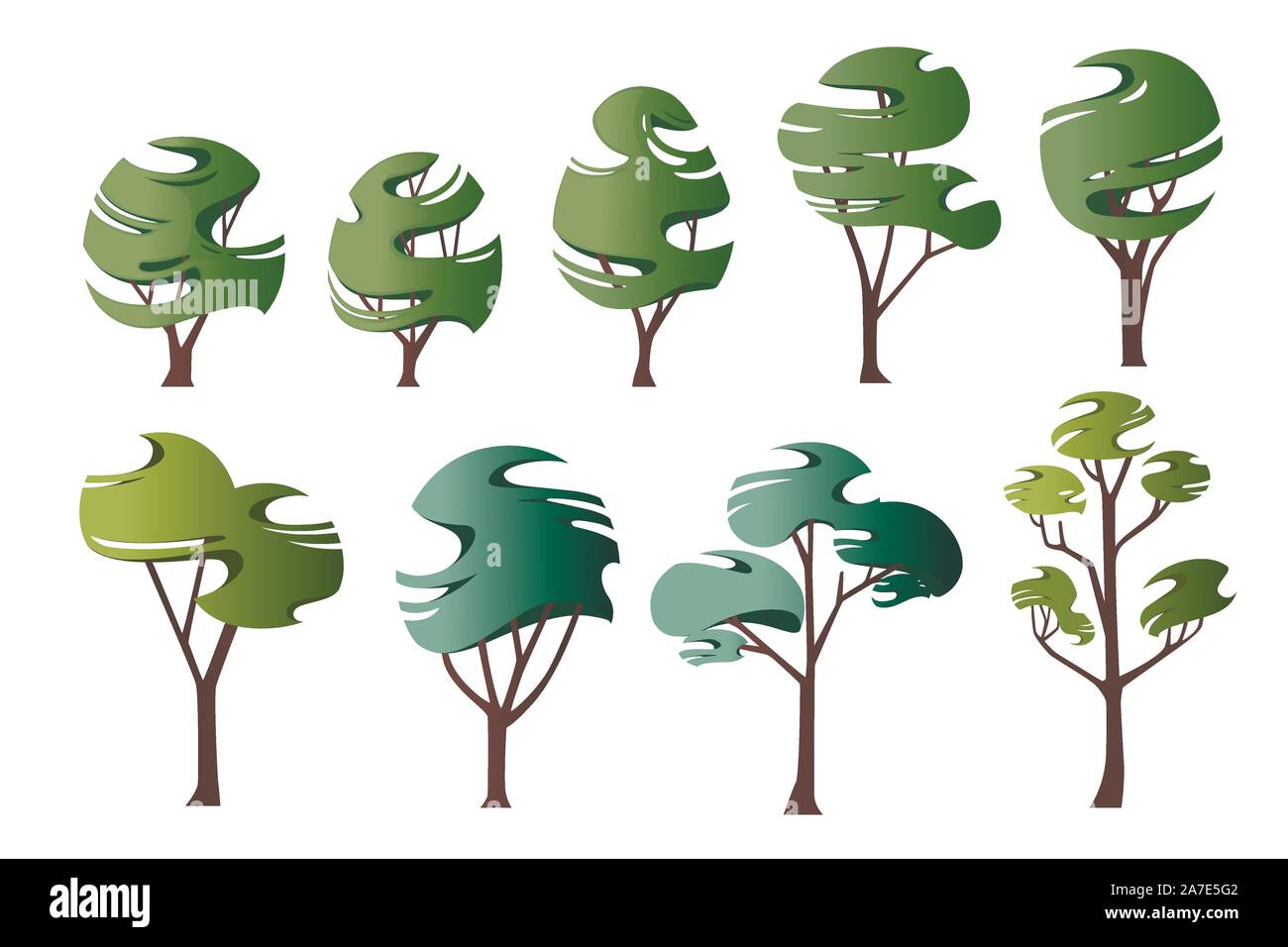 Set of abstract modern stylized green trees flat vector illustration ...