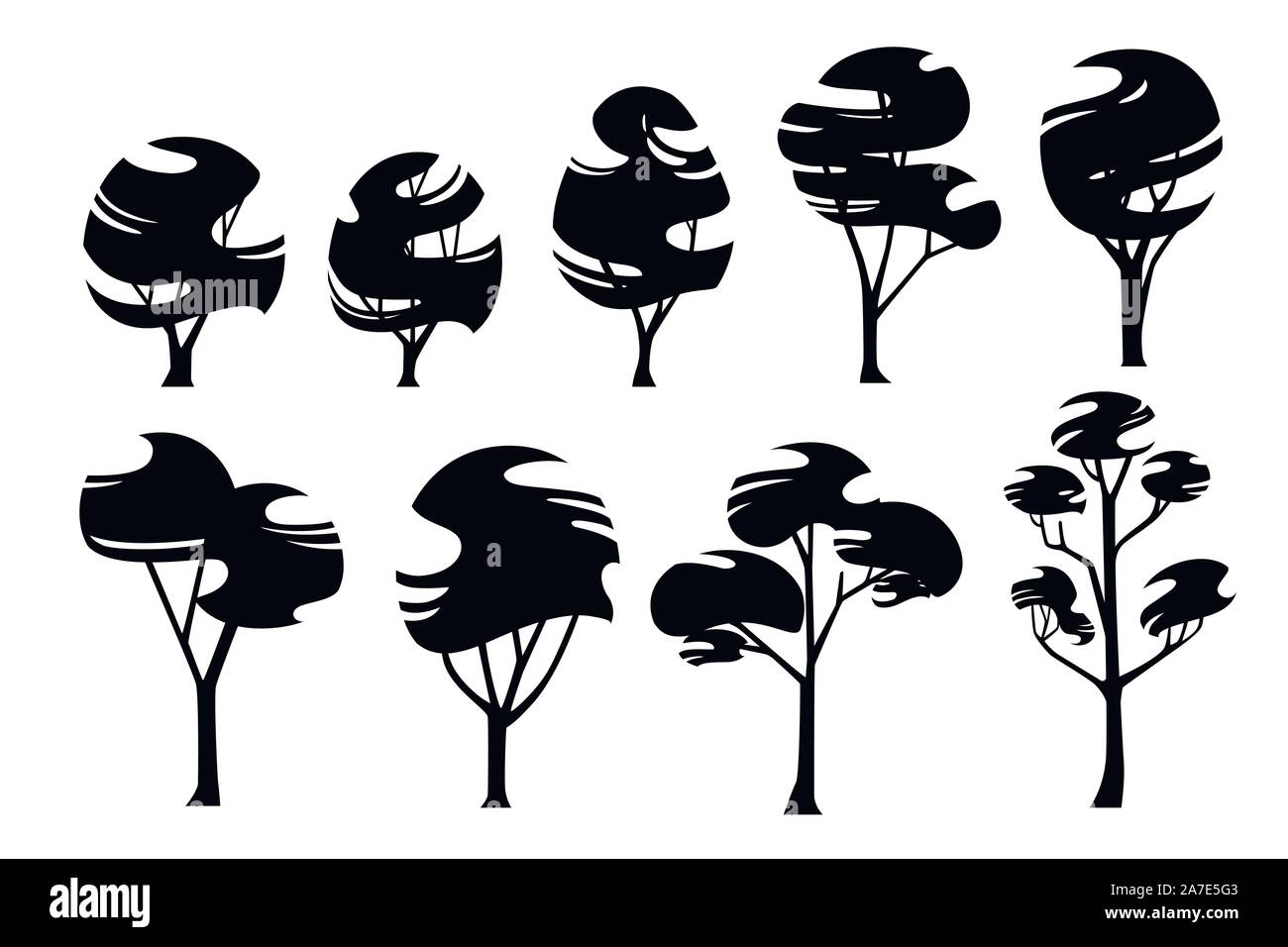 Black silhouette set of abstract modern stylized trees flat vector ...