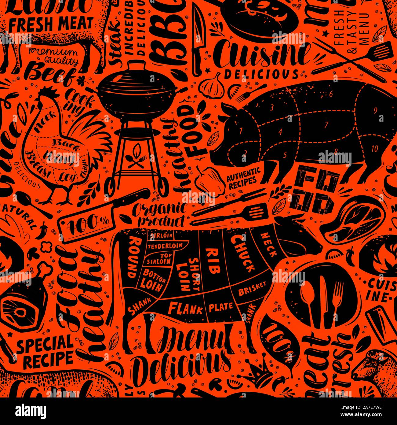 Grill menu, barbecue. Food seamless background. Vector illustration ...