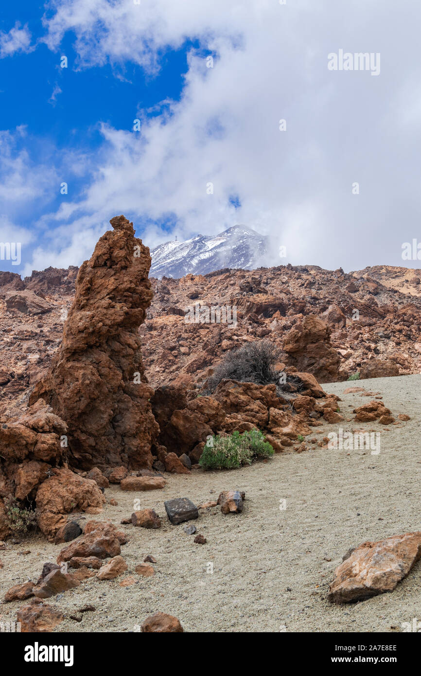 Teide national park volcanic landscape, with Teide volcano with snow ...