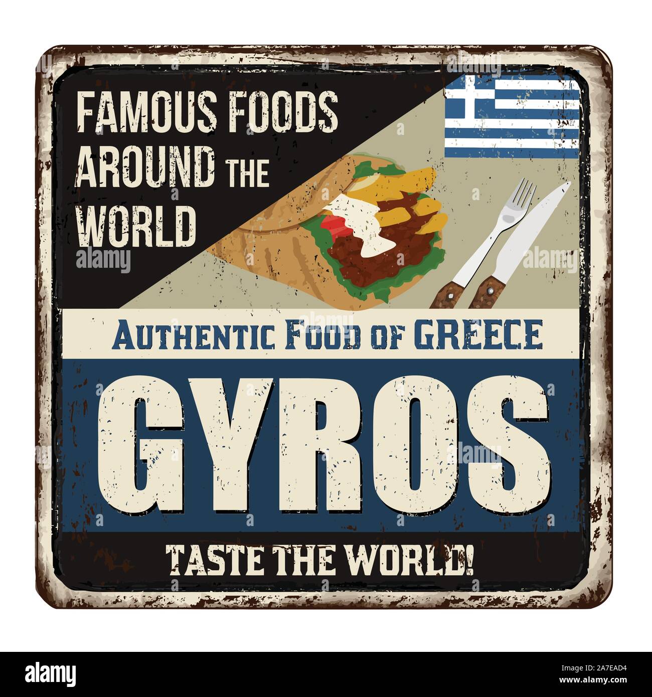Famous foods around the world. Gyros vintage rusty metal sign on a ...