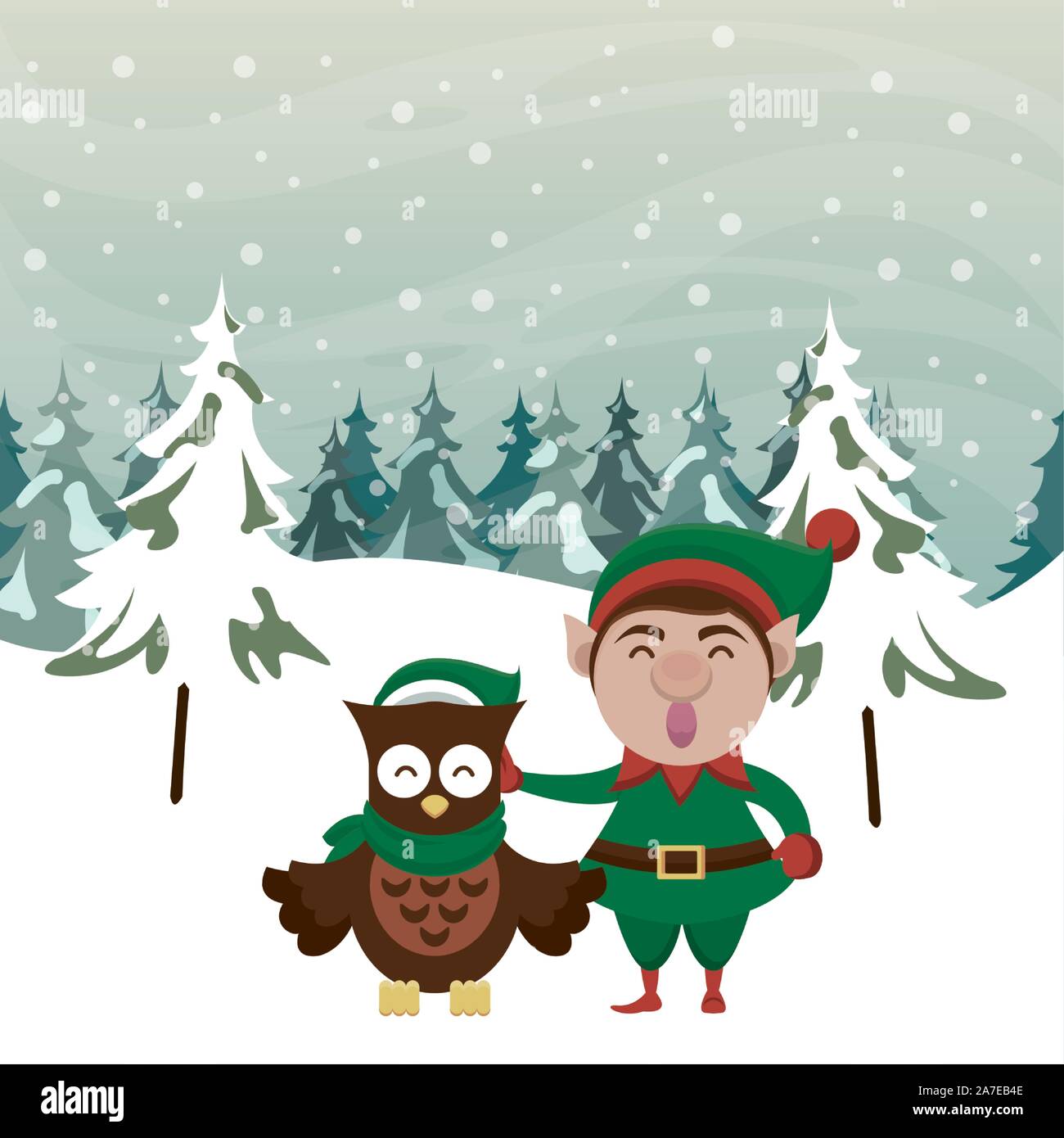 christmas snowscape scene with cute elf character Stock Vector Image ...