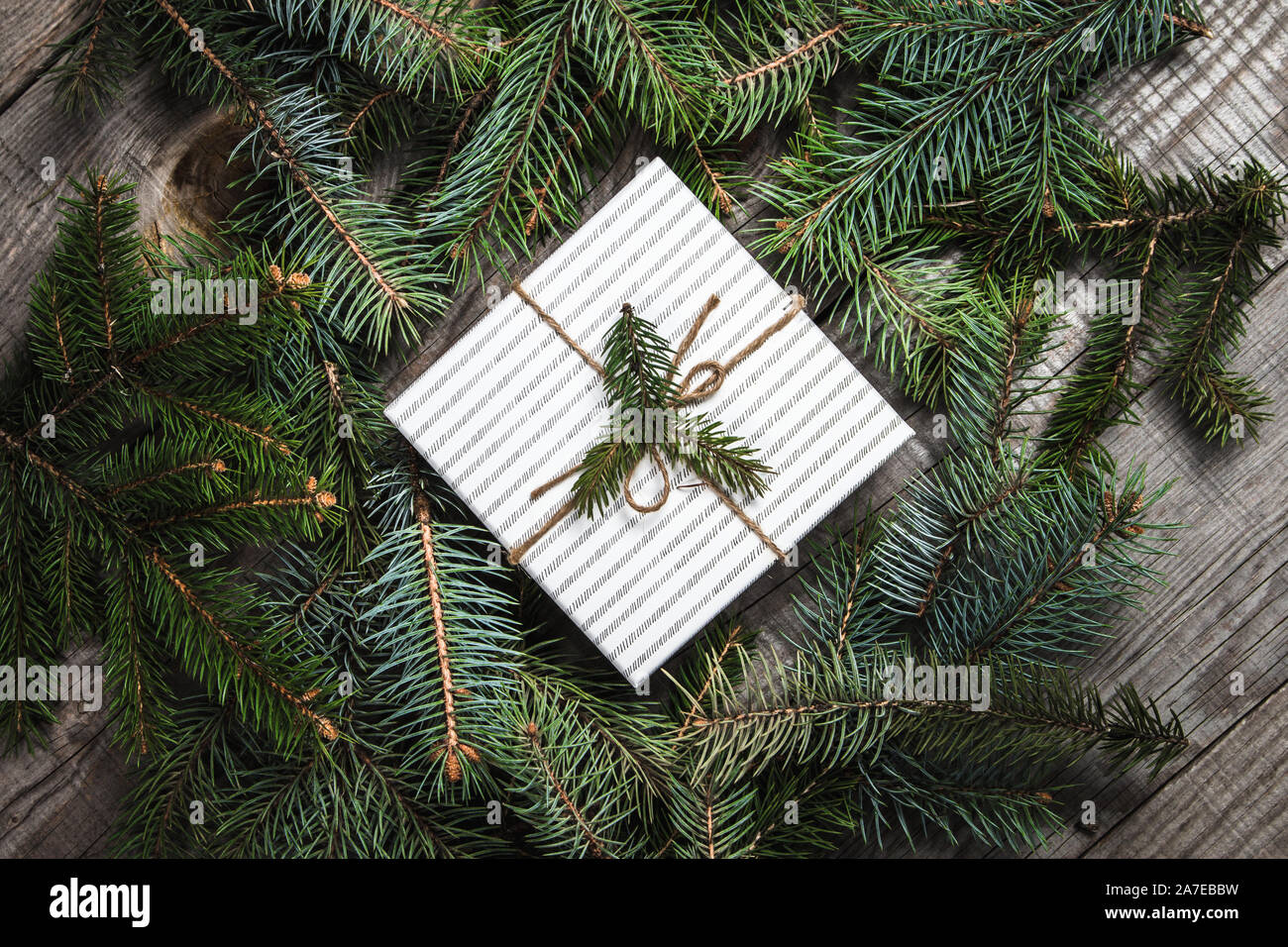 Beautiful wrapped present surrounded by pine tree branches Stock Photo ...