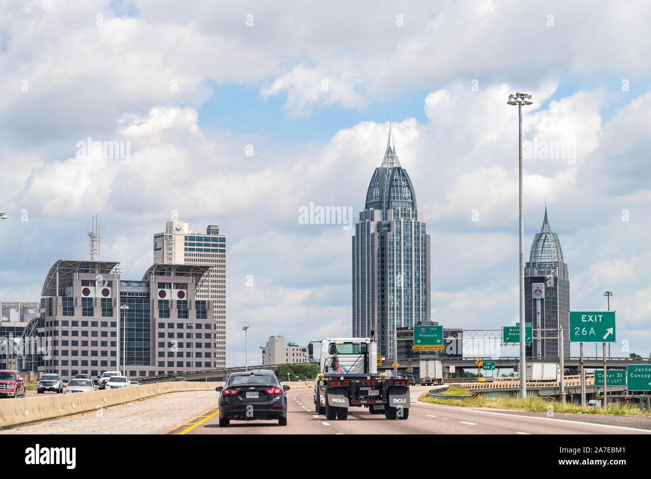Mobile, USA - April 24, 2018: Alabama downtown city cityscape with ...