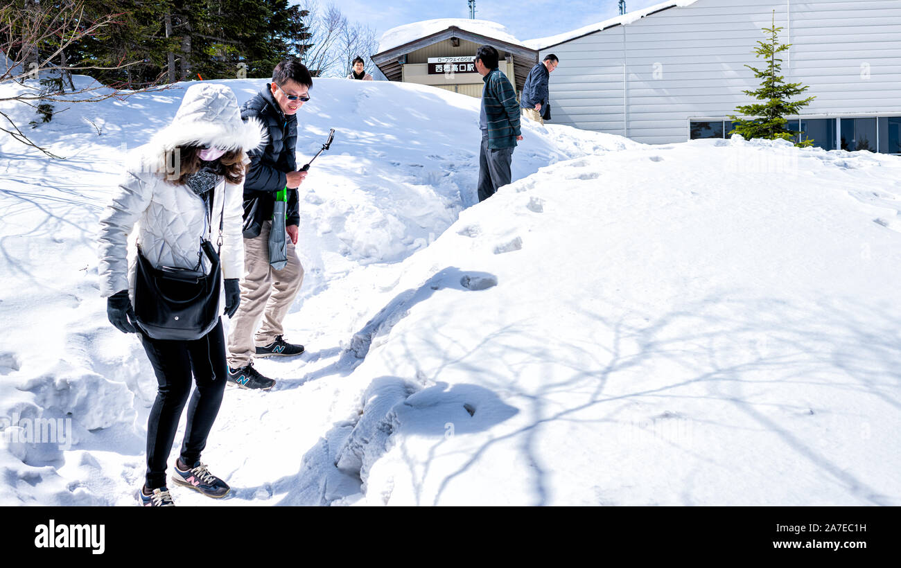 Takayama, Japan - April 8, 2019: Mountain snow in Okuhida Shinhotaka ...