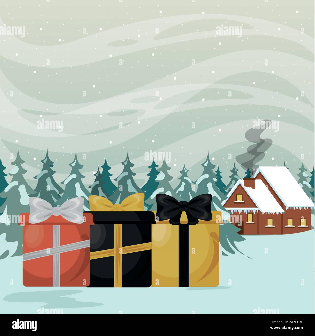 christmas snowscape scene with giftboxes presents Stock Vector Image ...