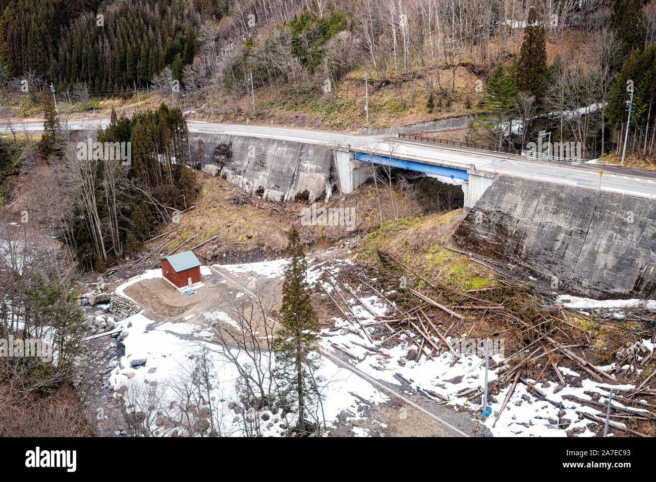Takayama, Japan aerial view of highway bridge and building by road in ...
