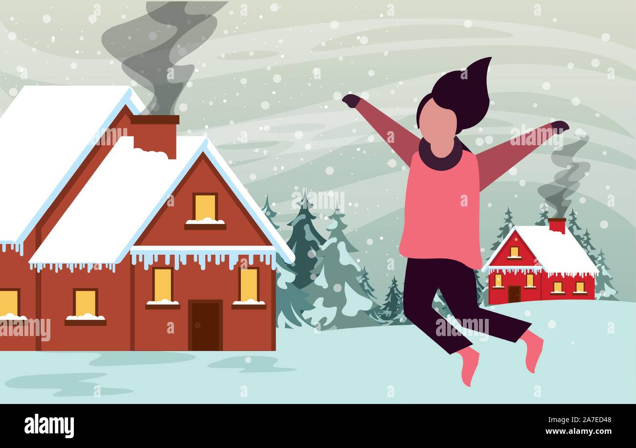 christmas snowscape scene with little girl jumping Stock Vector Image ...
