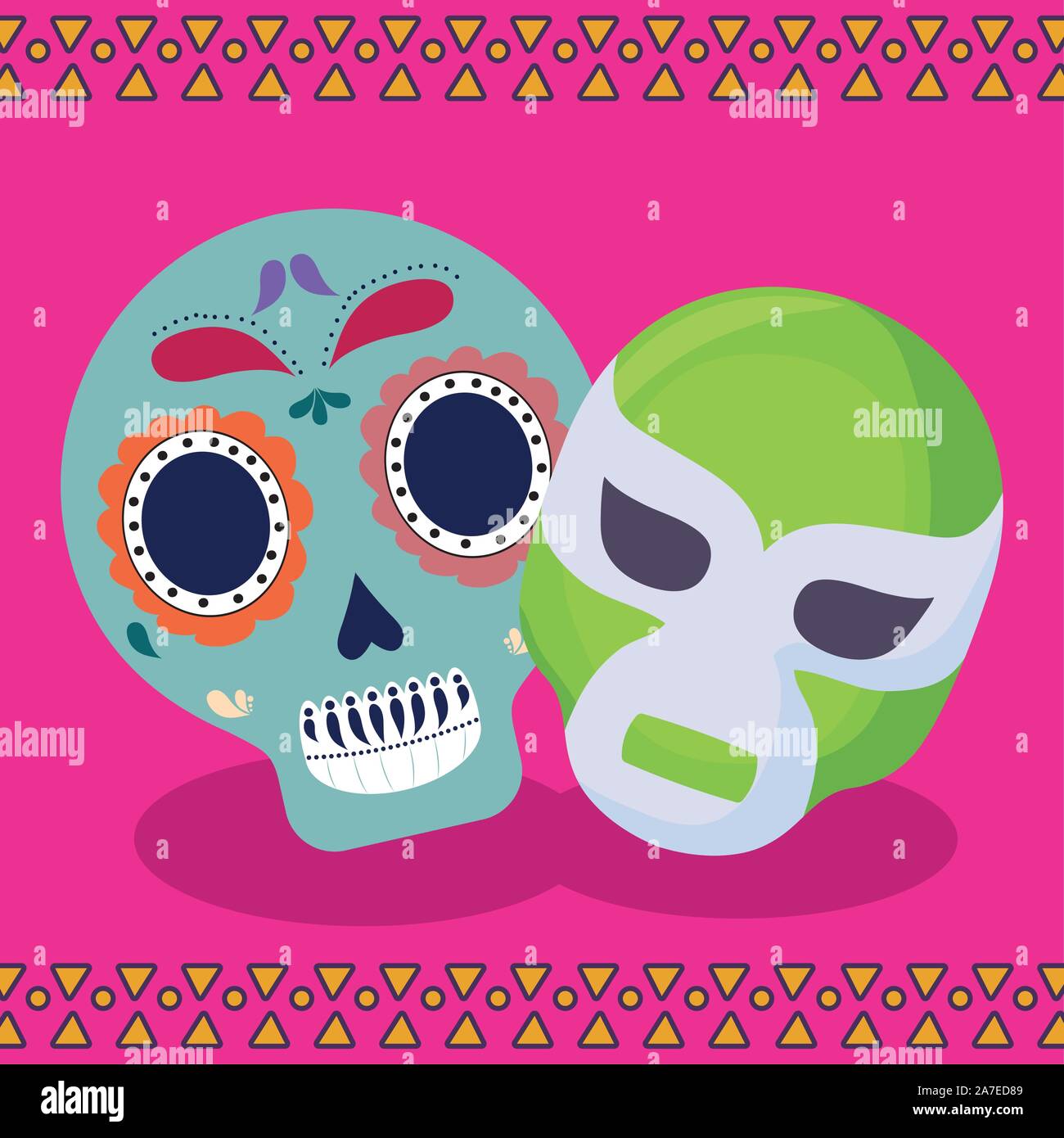 viva mexico celebration with skull and mask fighter vector illustration ...