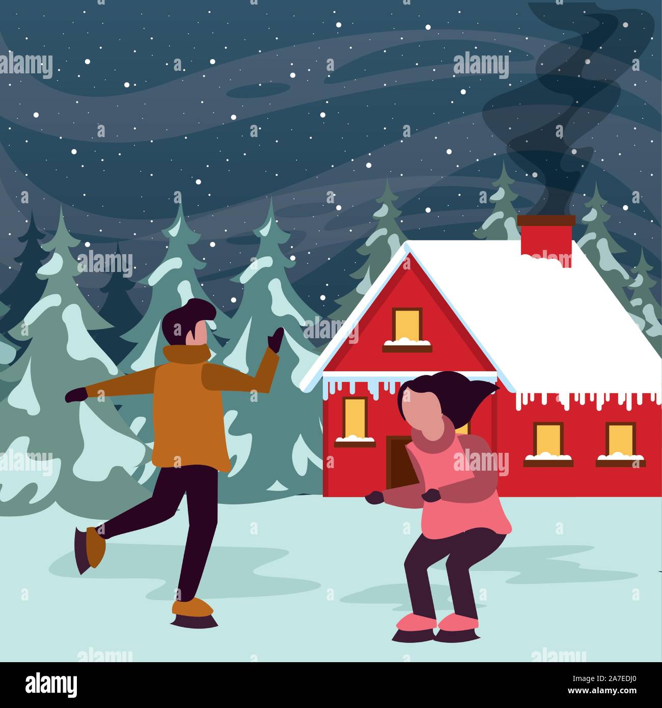 christmas snowscape scene with kids skating Stock Vector Image & Art ...