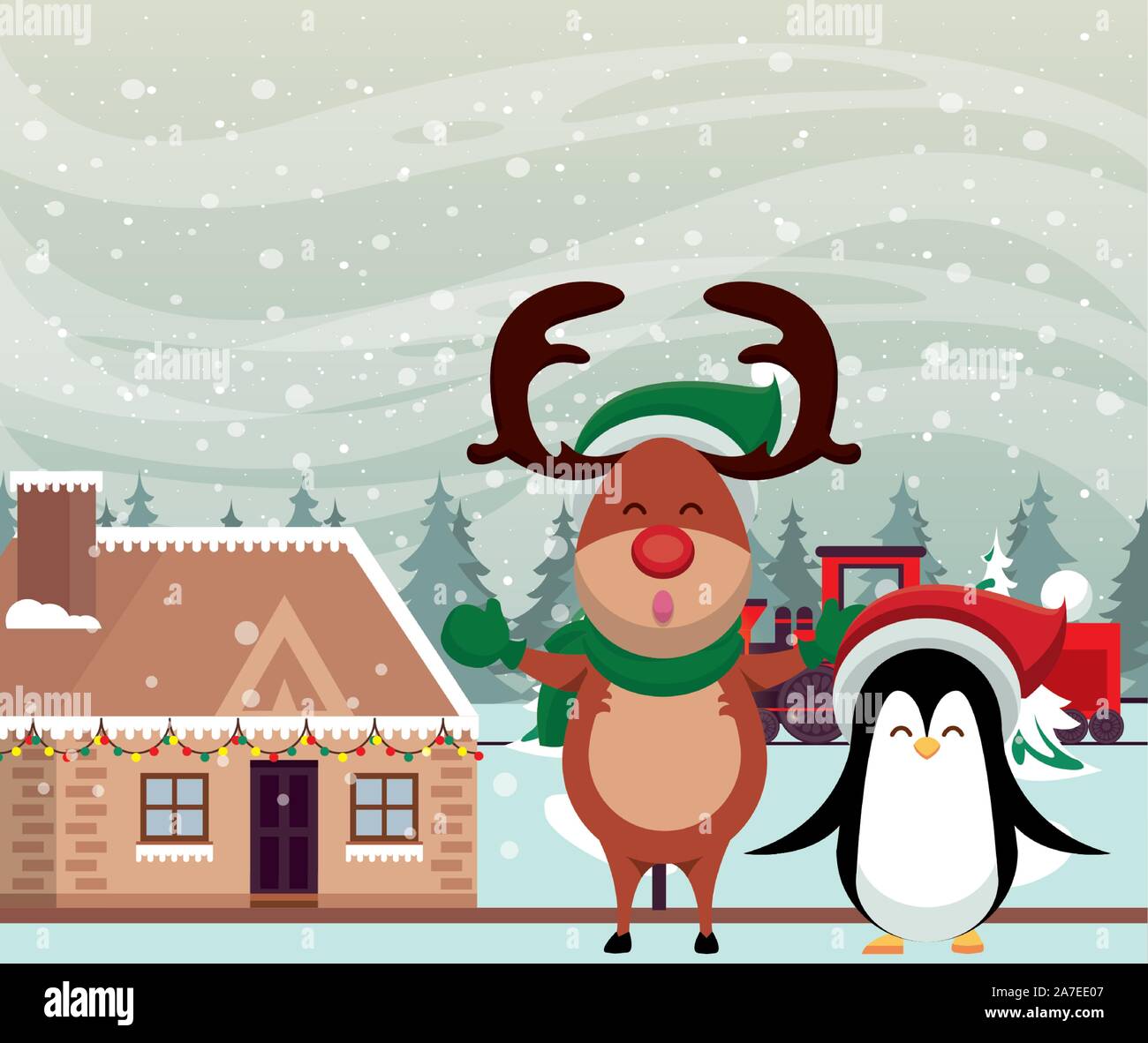 christmas snowscape scene with reindeer and penguin Stock Vector Image ...