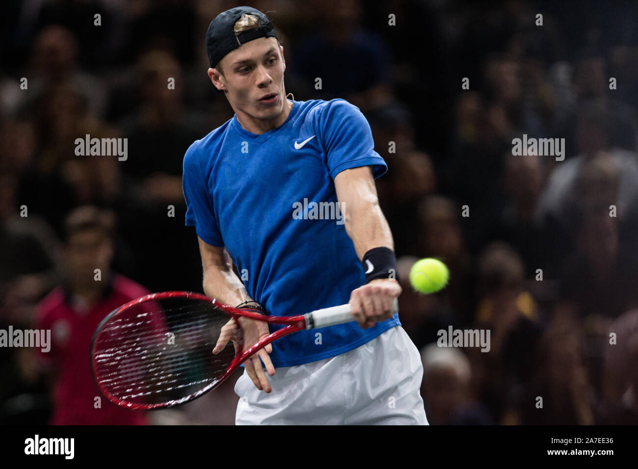 Paris, France. 1st Nov, 2019. Denis Shapovalov of Canada hits a return during the singles ...