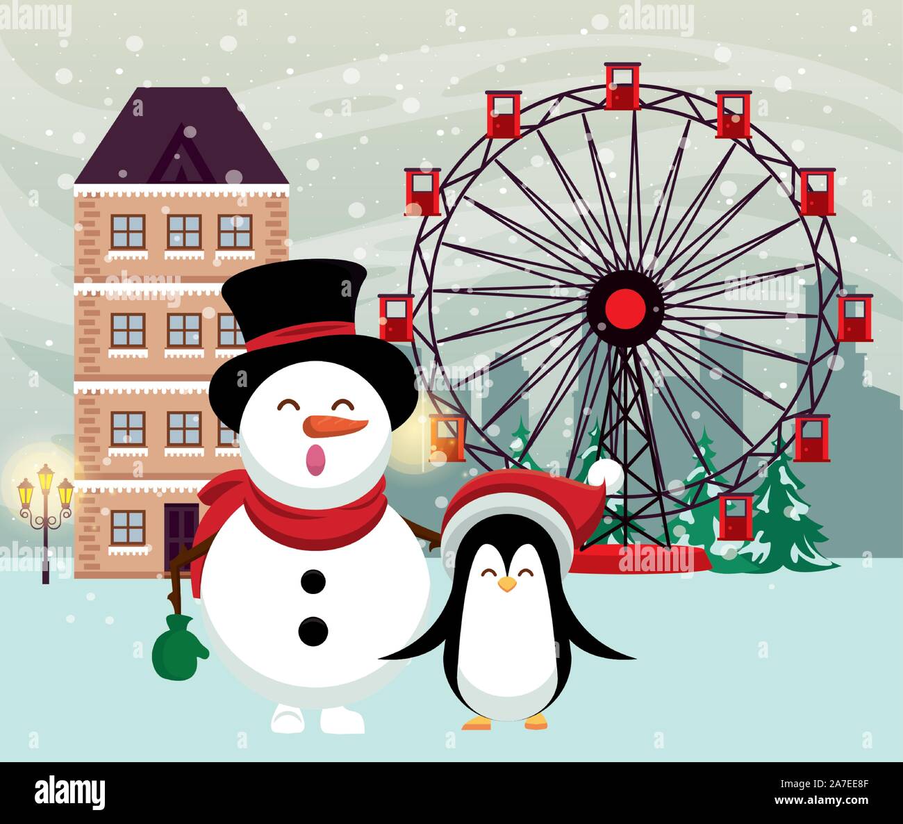 christmas snowscape scene with snowman and penguin Stock Vector Image ...