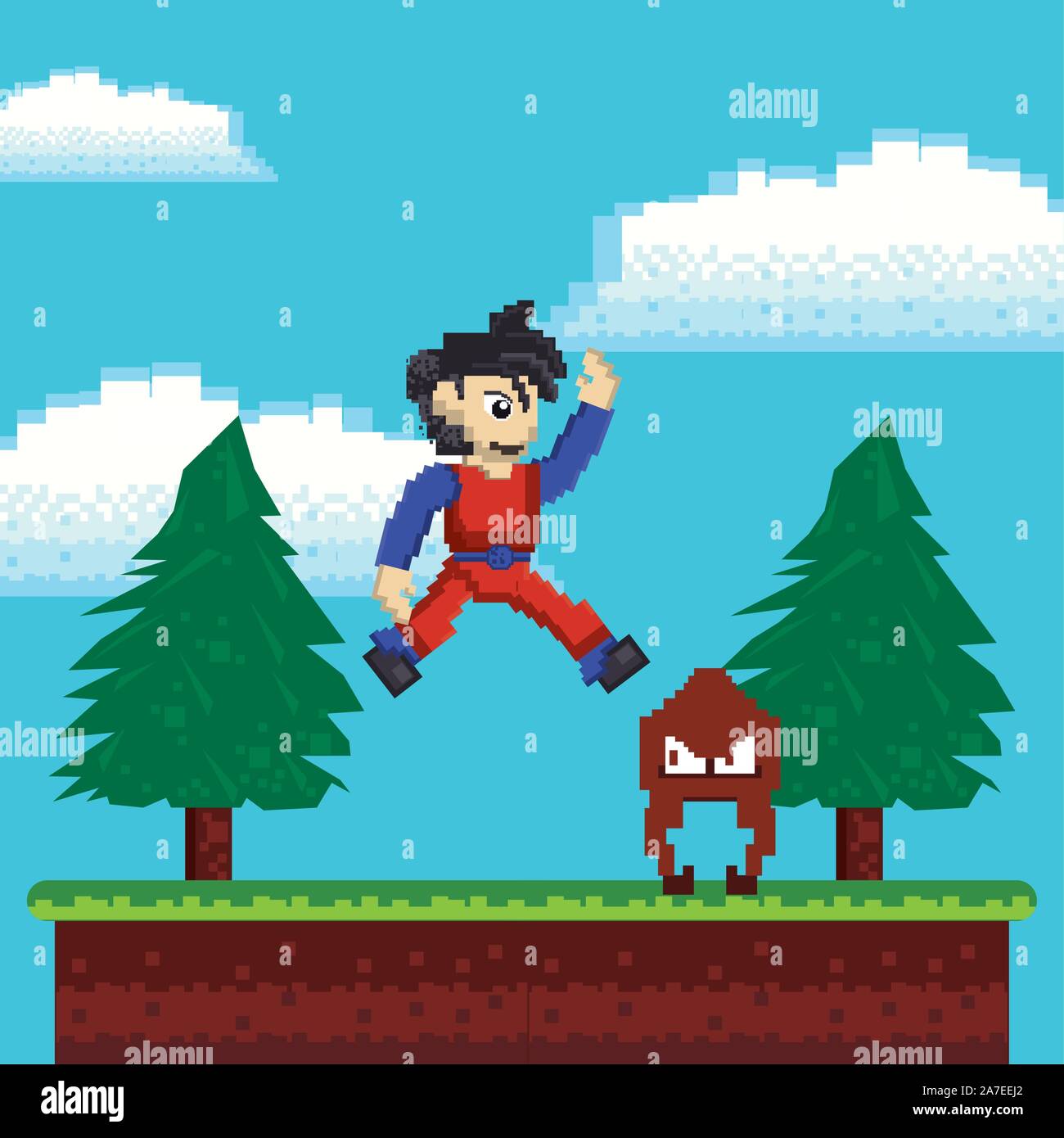 video game warrior jumping in pixelated scene Stock Vector Image & Art ...