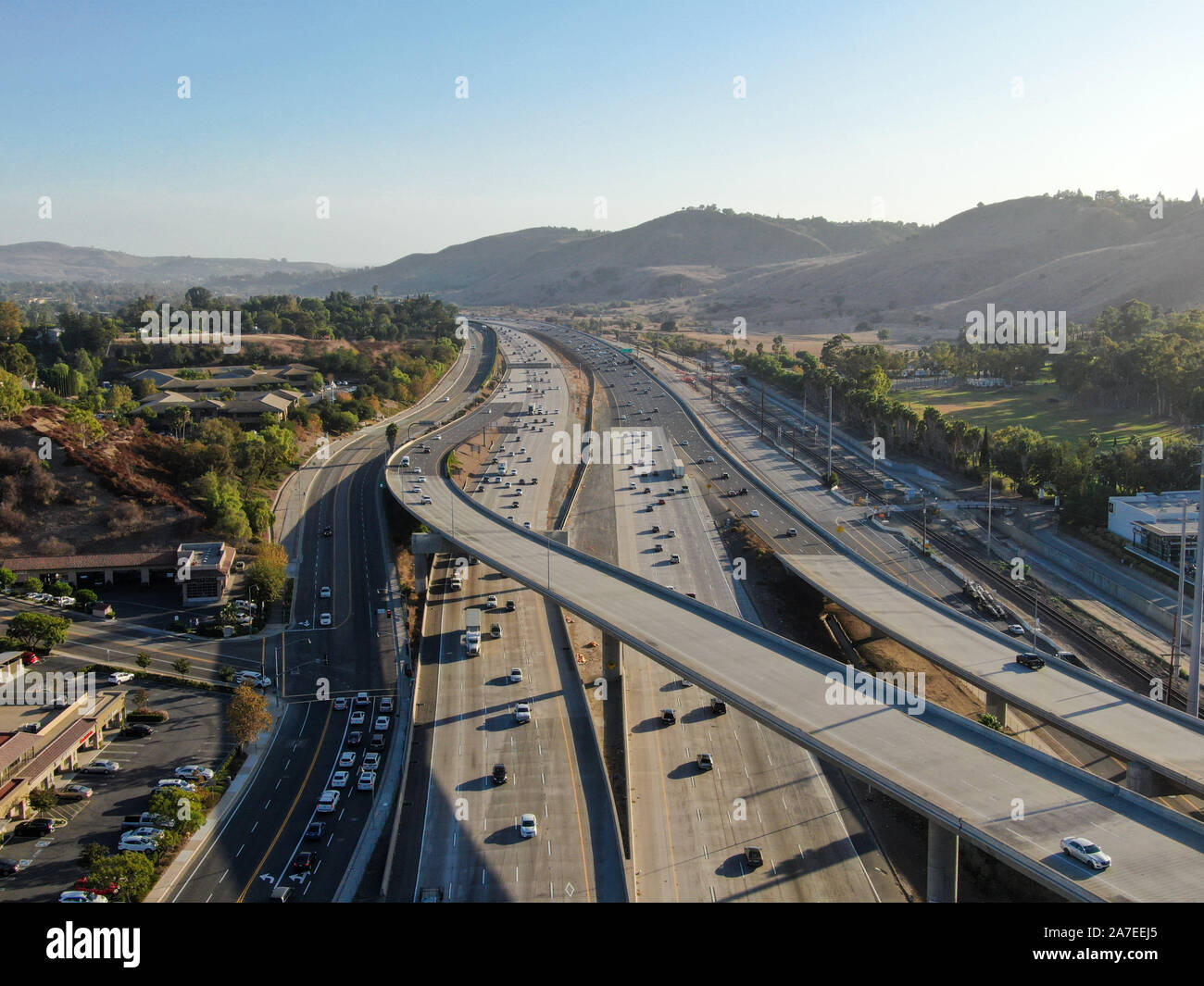 Aerial view of the San Diego freeway, Southern California freeways, USA ...