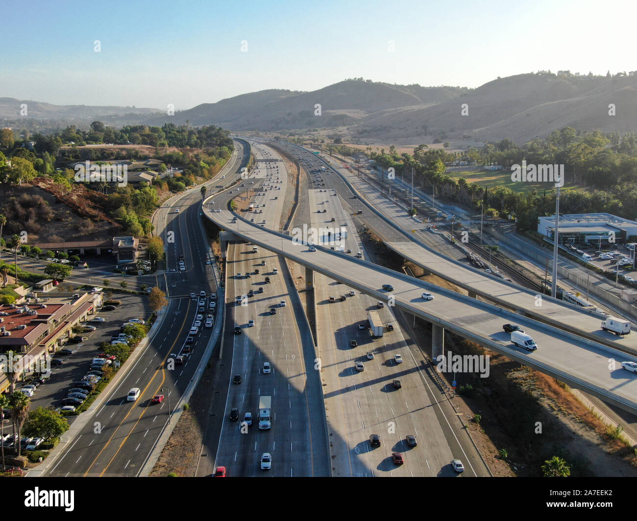 Aerial view of the San Diego freeway, Southern California freeways, USA ...