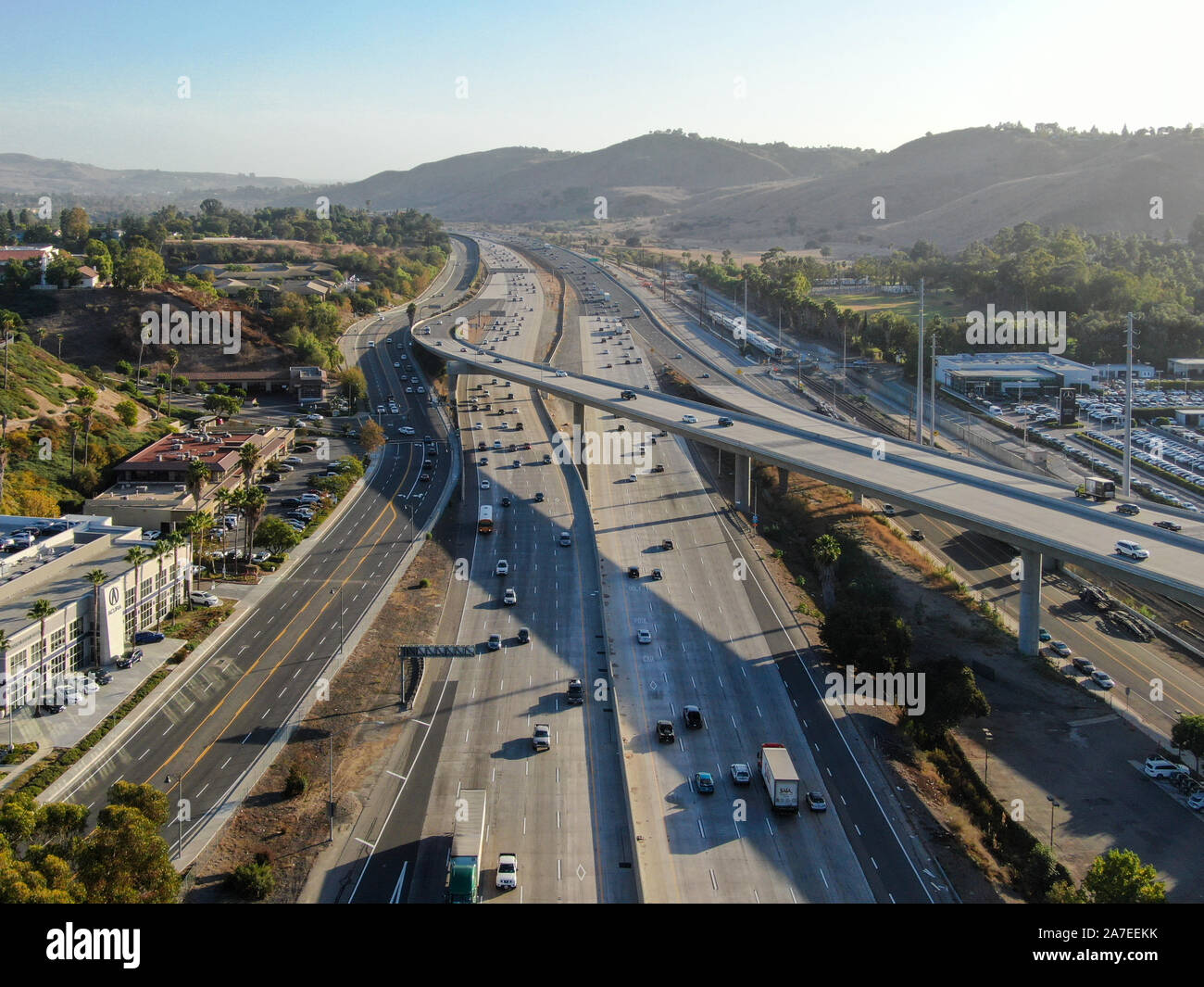 Aerial view of the San Diego freeway, Southern California freeways, USA ...