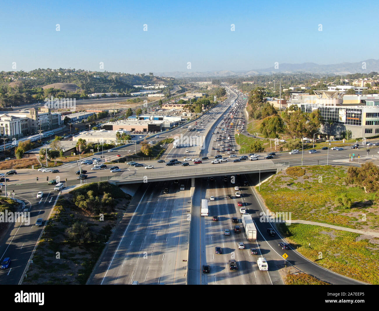 Aerial view of the San Diego freeway, Southern California freeways, USA ...