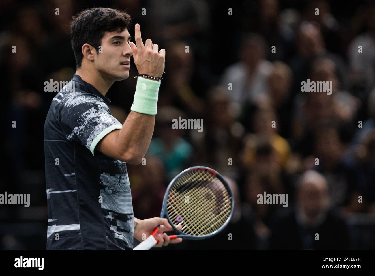 Paris, France. 1st Nov, 2019. Cristian Garin of Chile reacts during the ...