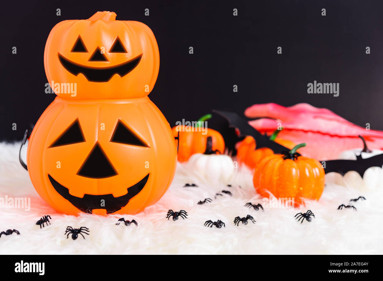 Pumpkin Jack creepy, spider and bat in photo, Halloween day concept on ...