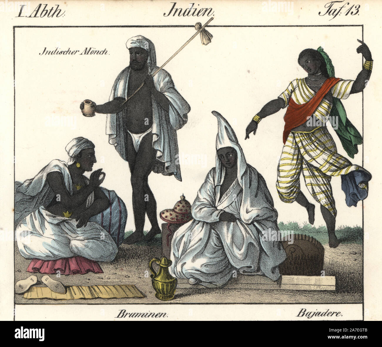 Indian costumes including a monk, two Brahmin and a female temple ...