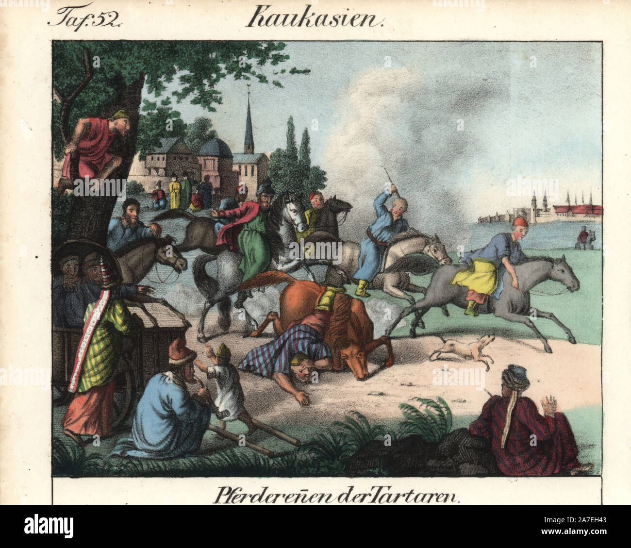 Tatar men horseracing through a town in the Caucasus mountains ...