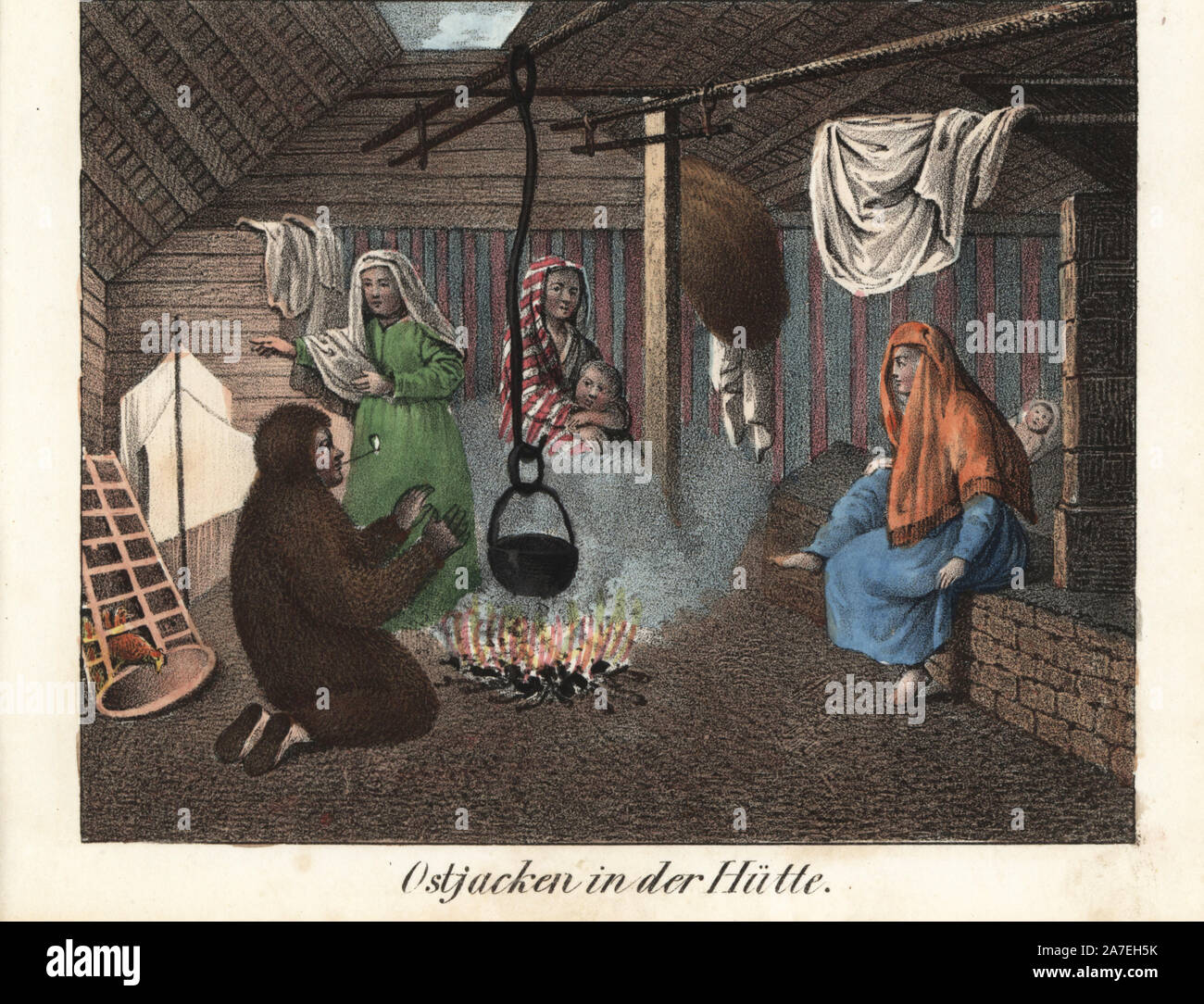 Khanty or Ostyak hut interior showing a man in a fur coat smoking a ...